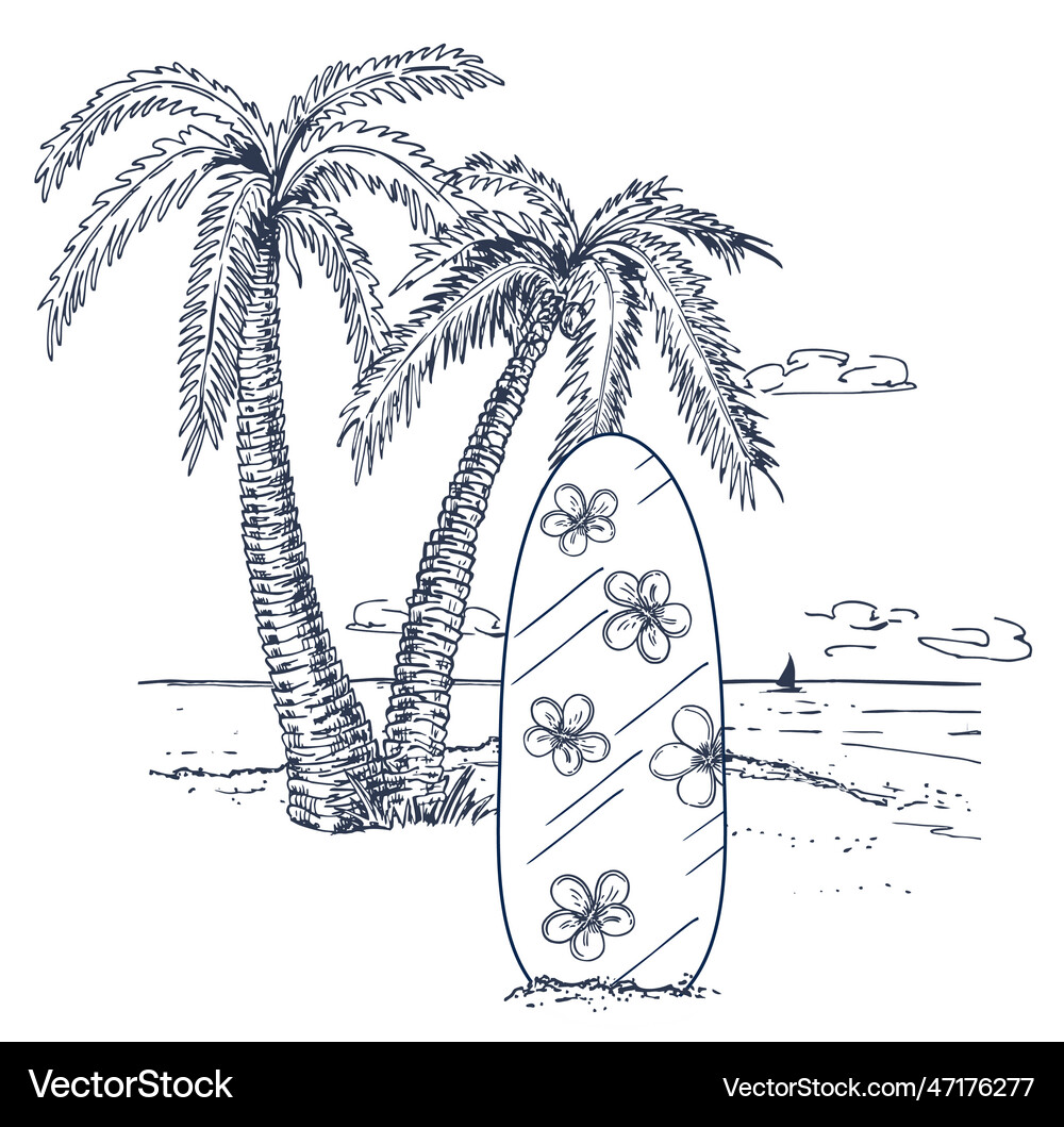 Surfboard on the beach with palm trees sketch Vector Image