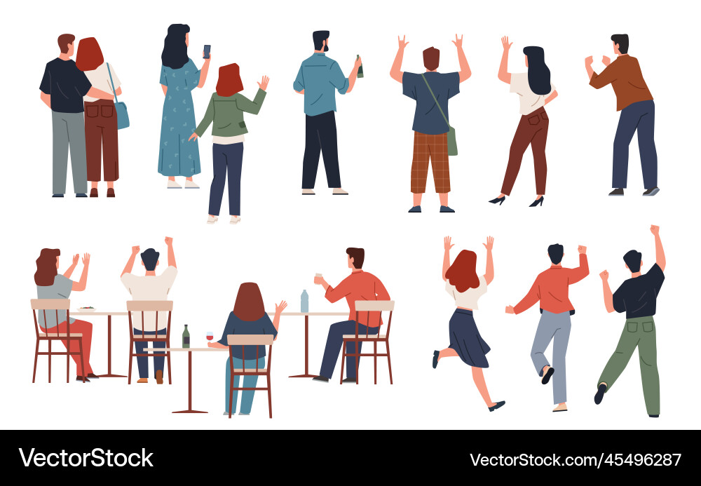 Cheering people back pozitive excited characters Vector Image