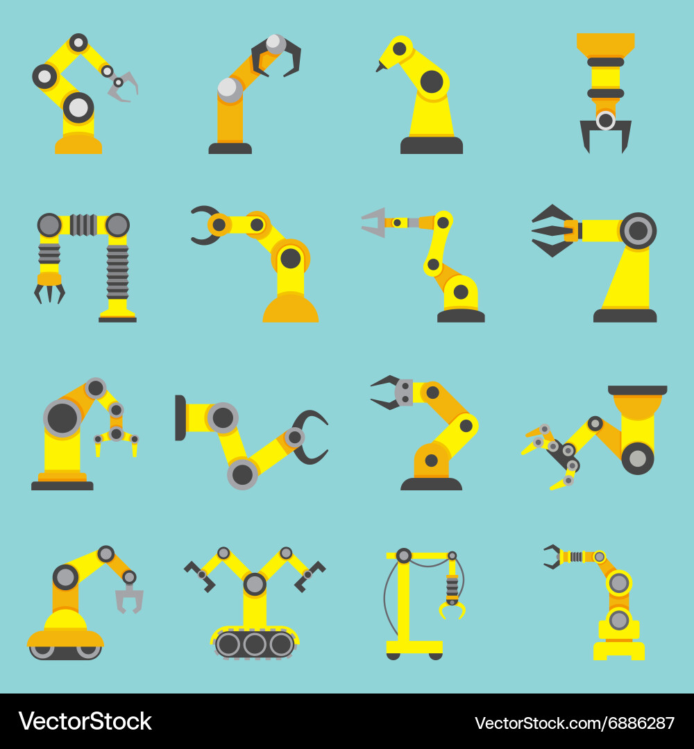 Robotic arm flat yellow icons set Royalty Free Vector Image