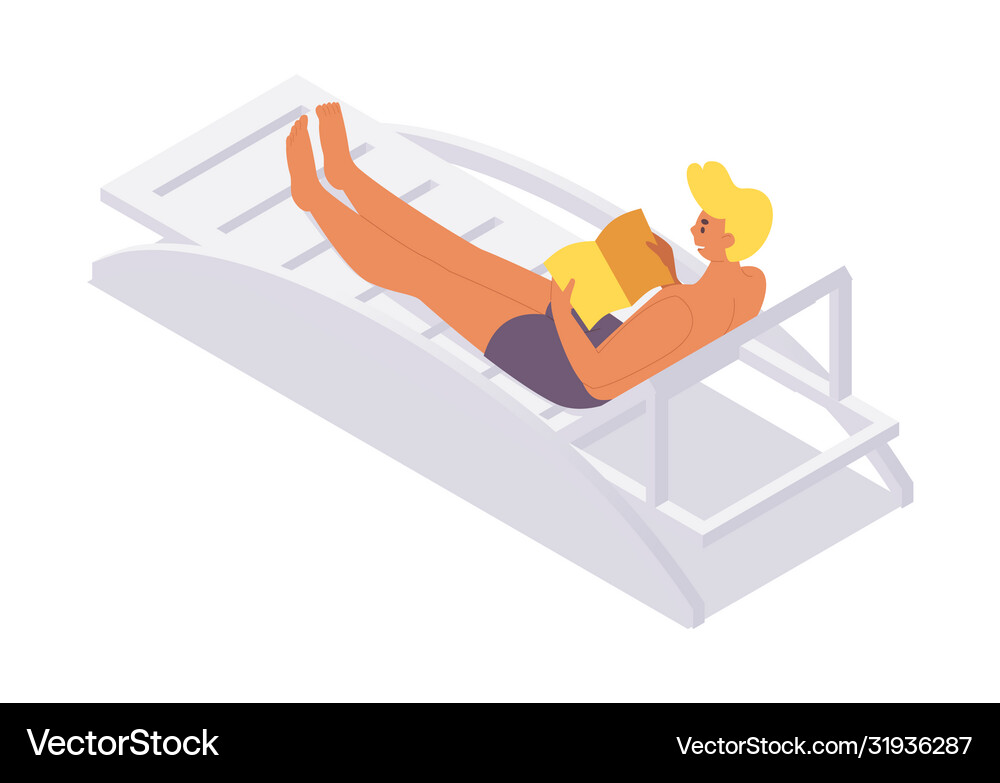 Sunbathing man in swimming trunks on a sunbed Vector Image