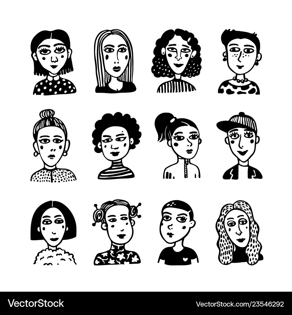 Big set of gilrls avatars doodle style portraits Vector Image
