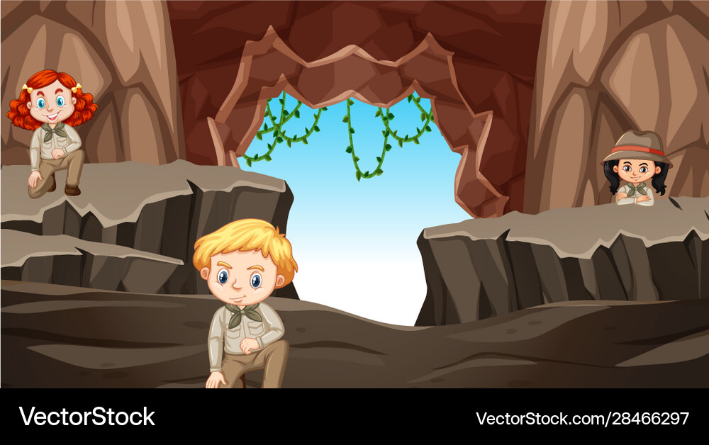 Scene with three kids in cave Royalty Free Vector Image
