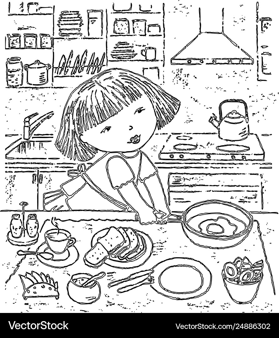 Drawing a little girl preparing a breakfast Vector Image