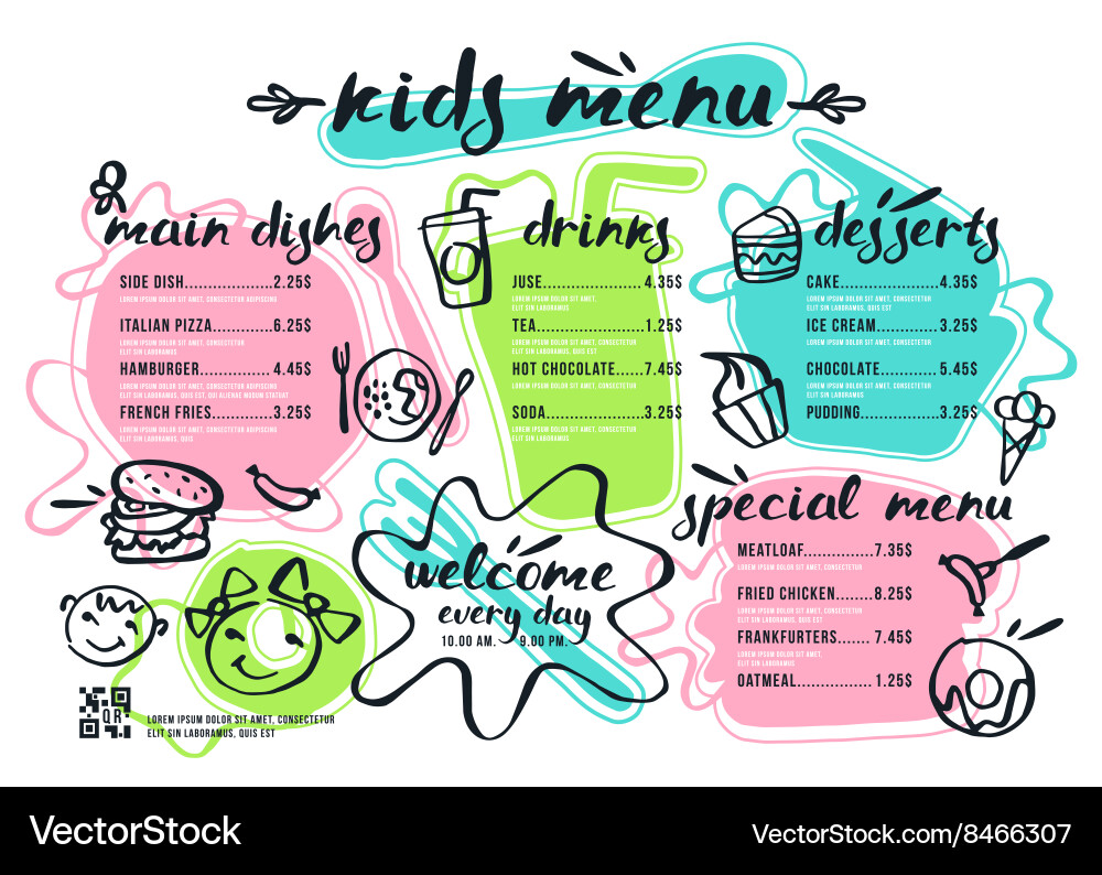 Kids menu template with lettering and badges Vector Image