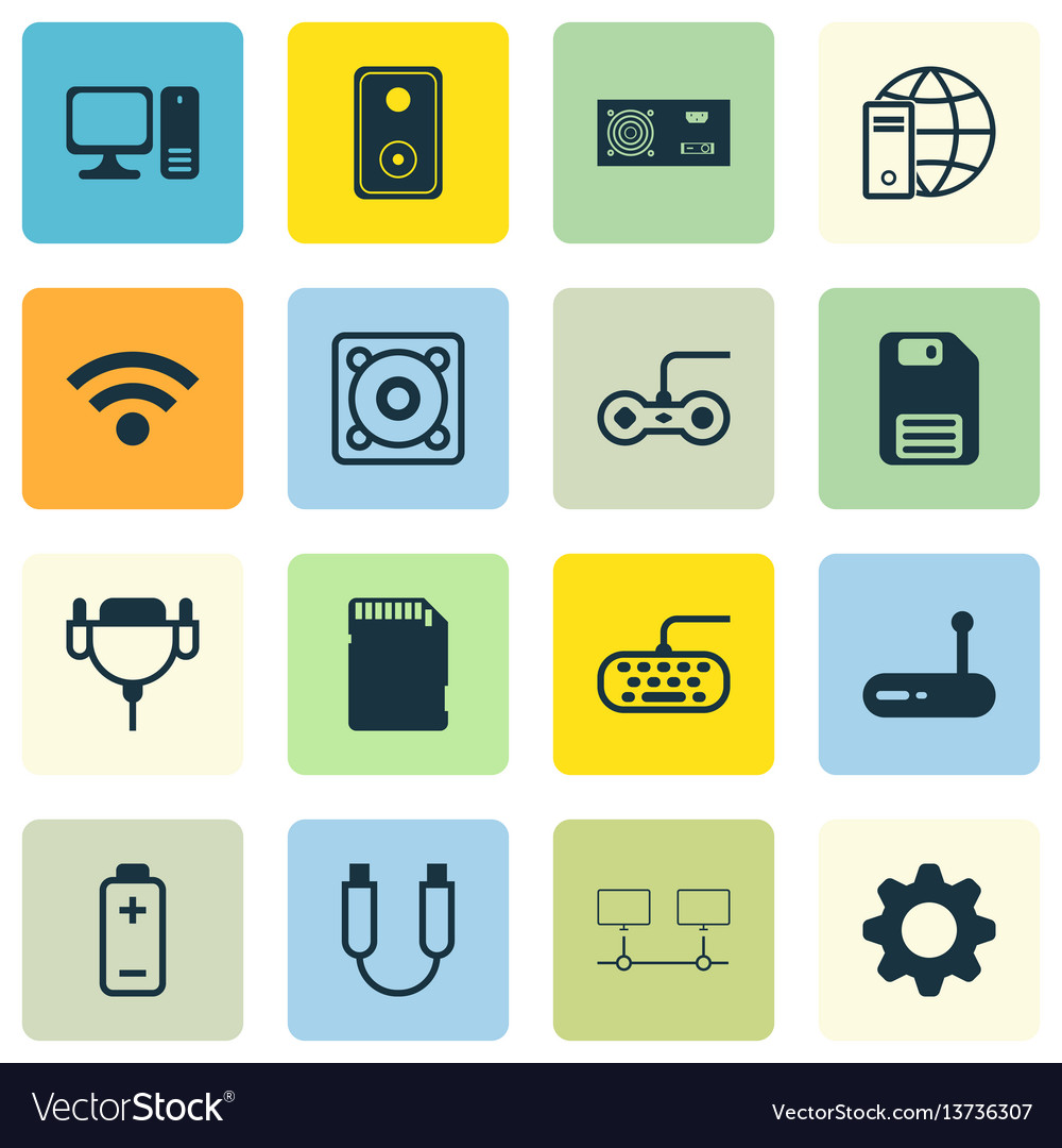 Set of 16 computer hardware icons includes Vector Image