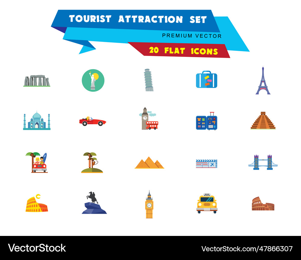 Tourist attraction icons set Royalty Free Vector Image