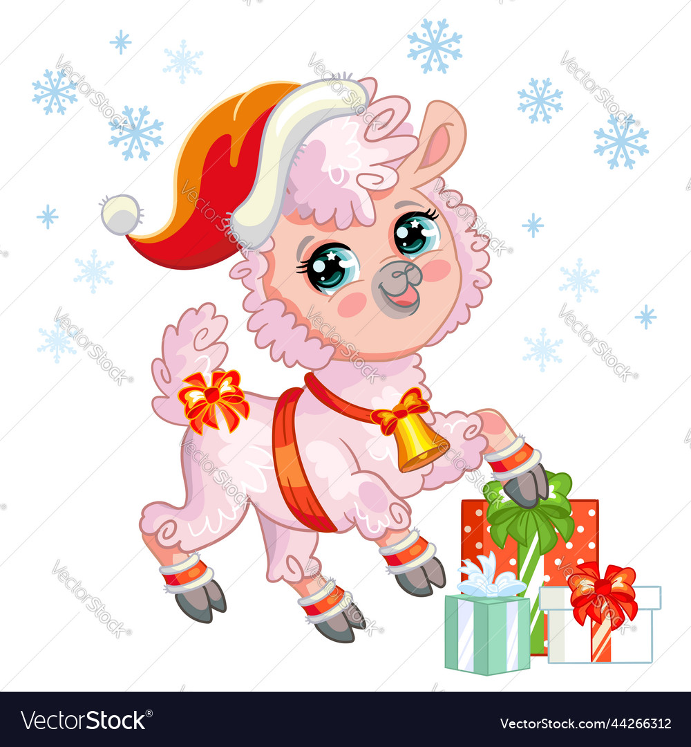Christmas cute pink llama with gifts Royalty Free Vector