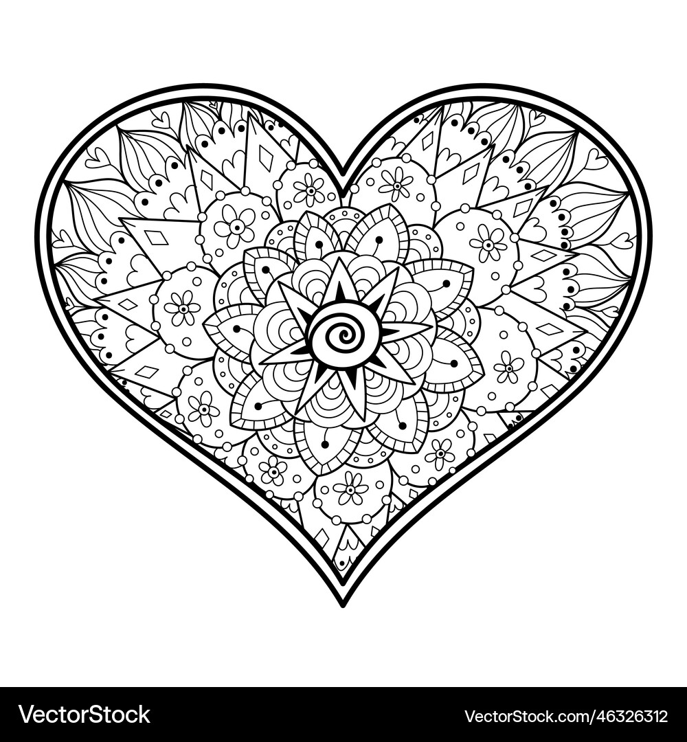 Entangle floral heart coloring page black Vector Image