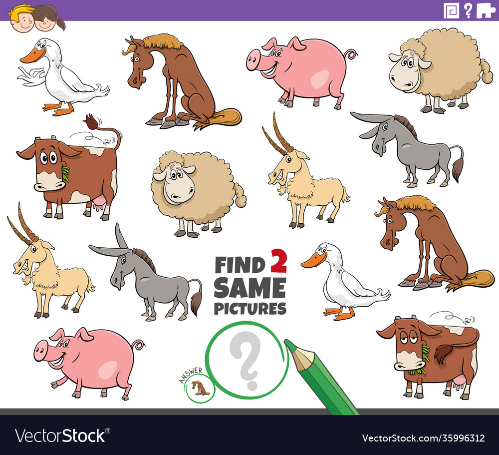 Find two same farm animals educational task Vector Image