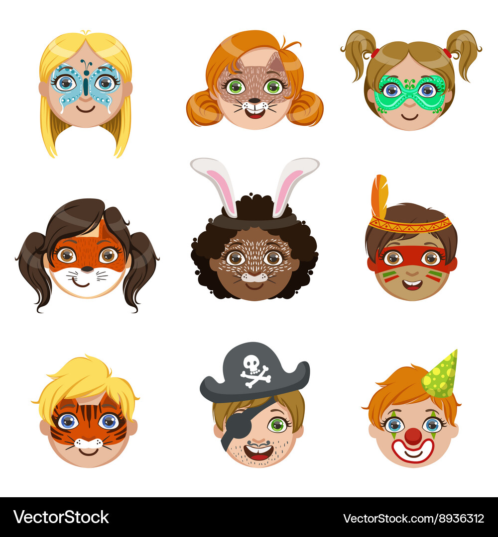 Kids with painted faces portraits collection Vector Image