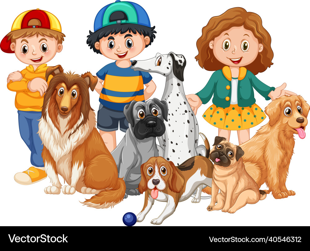 Smiling kids with their dogs Royalty Free Vector Image