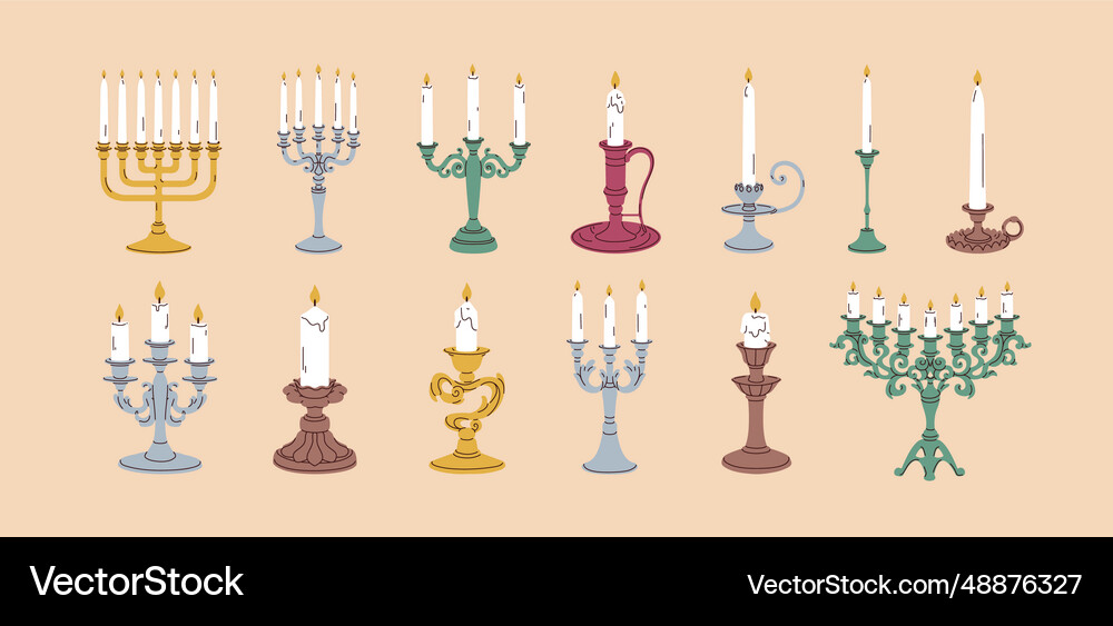 Candles in old vintage candlesticks set retro Vector Image