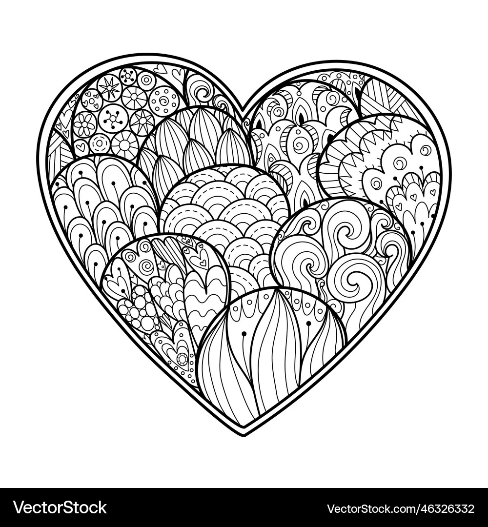 Hand drawn doodle heart coloring page black Vector Image