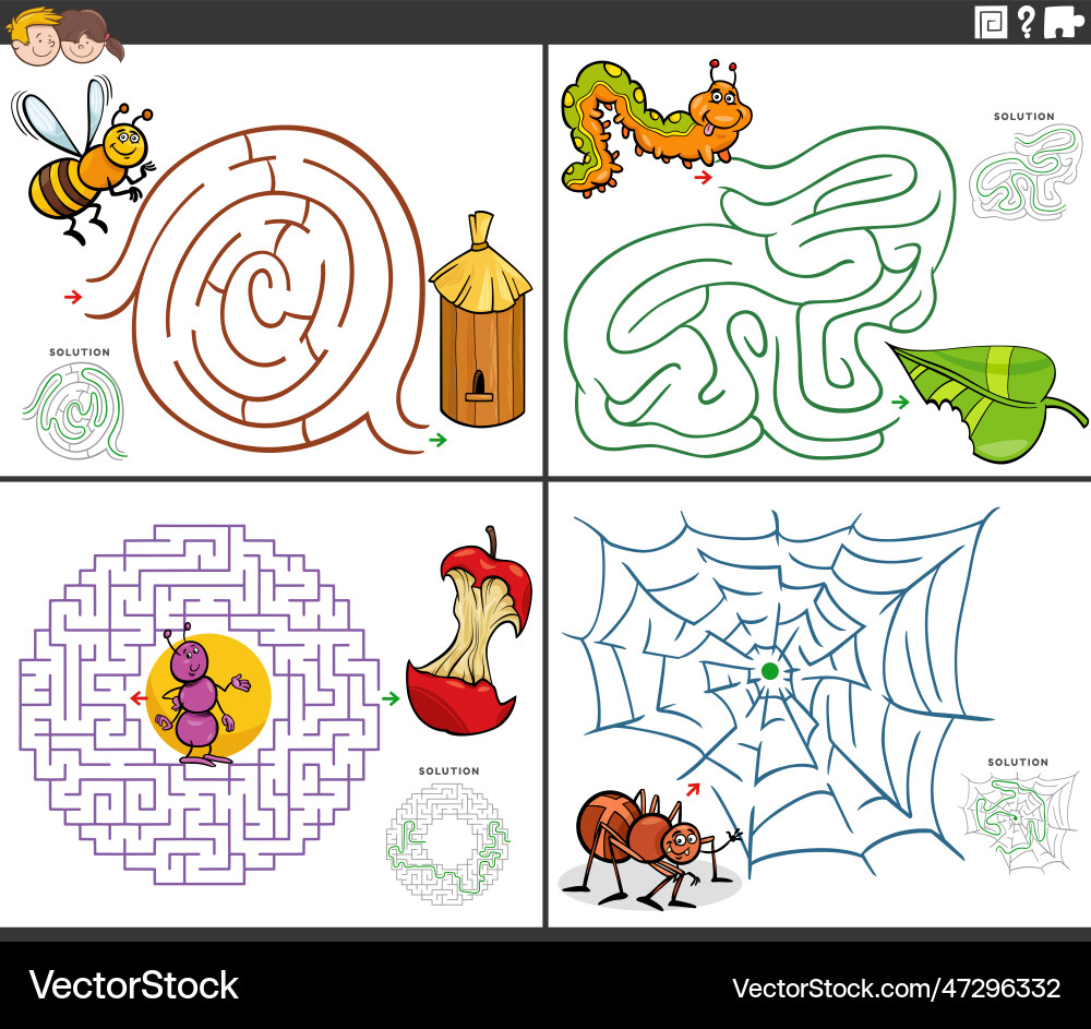 Maze activity games set with cartoon insects Vector Image