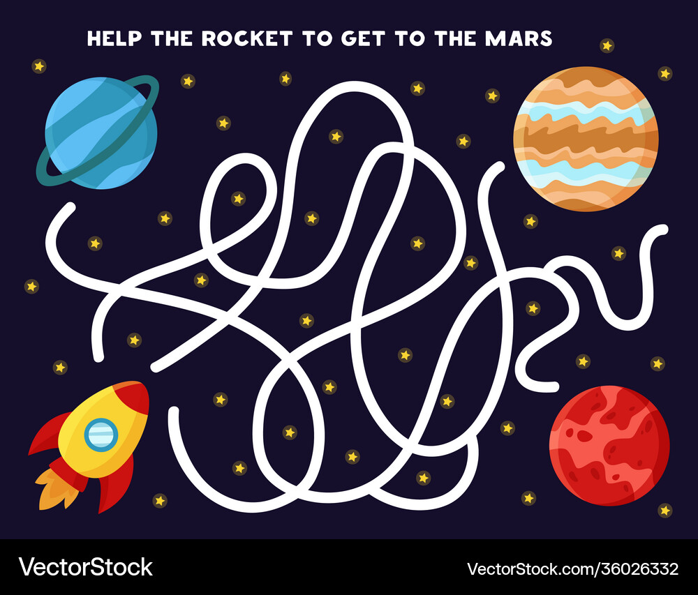 Maze with cartoon astronaut and planets get Vector Image