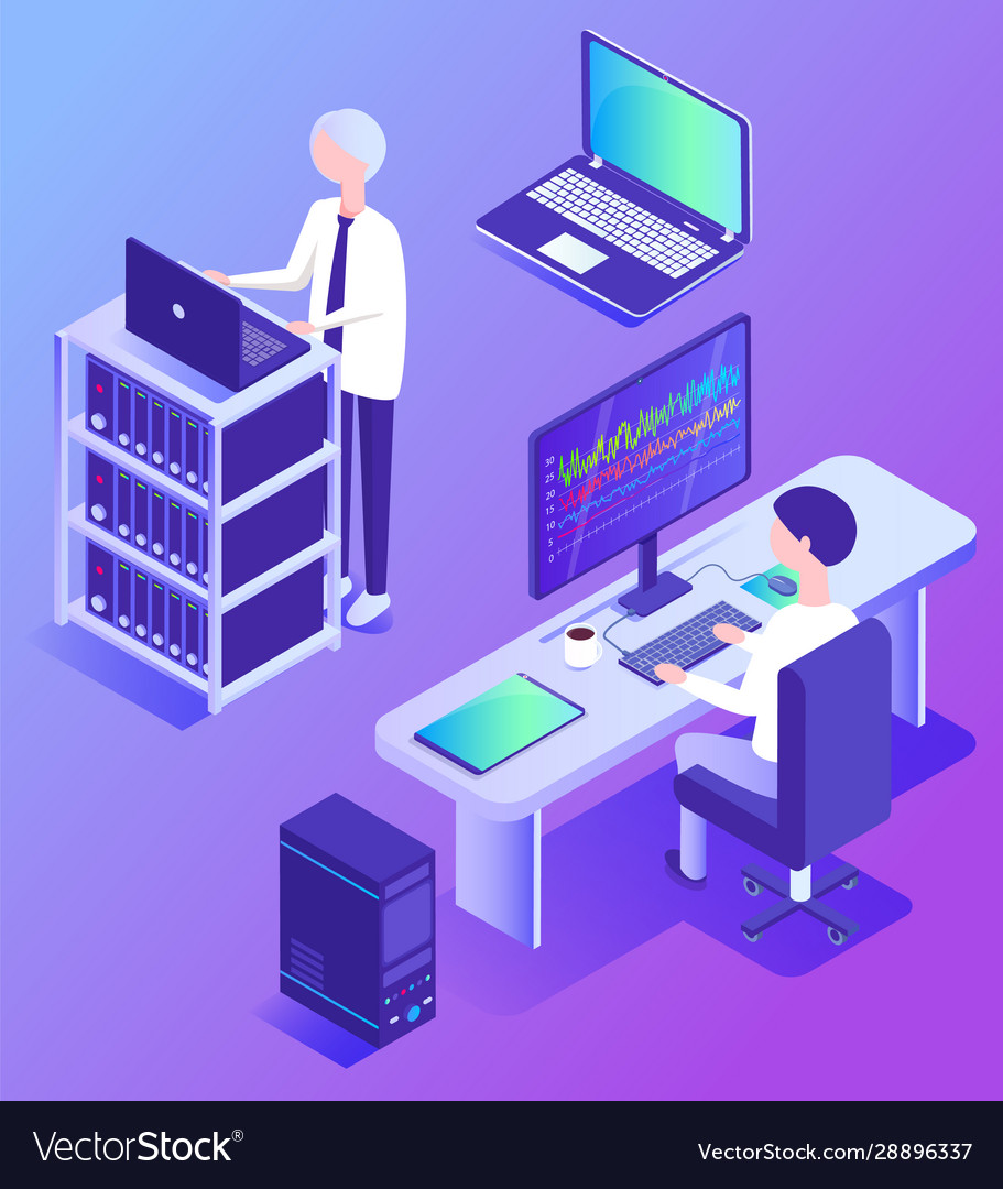 Datacenter technology and workers analyzing info Vector Image