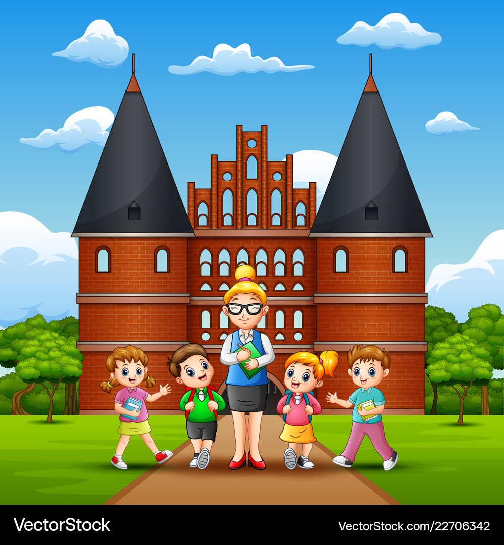 Happy kids study tour in holstentor Royalty Free Vector