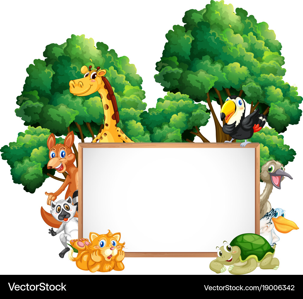 Wooden frame with many animals in forest Vector Image