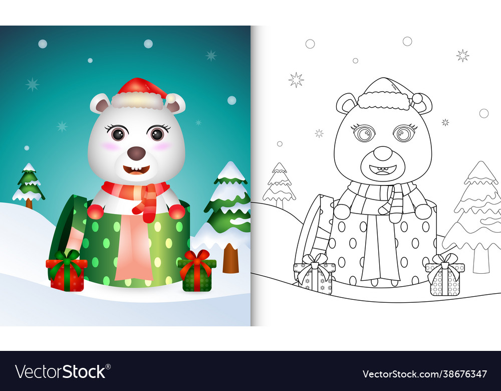 Coloring book with a cute polar bear christmas Vector Image
