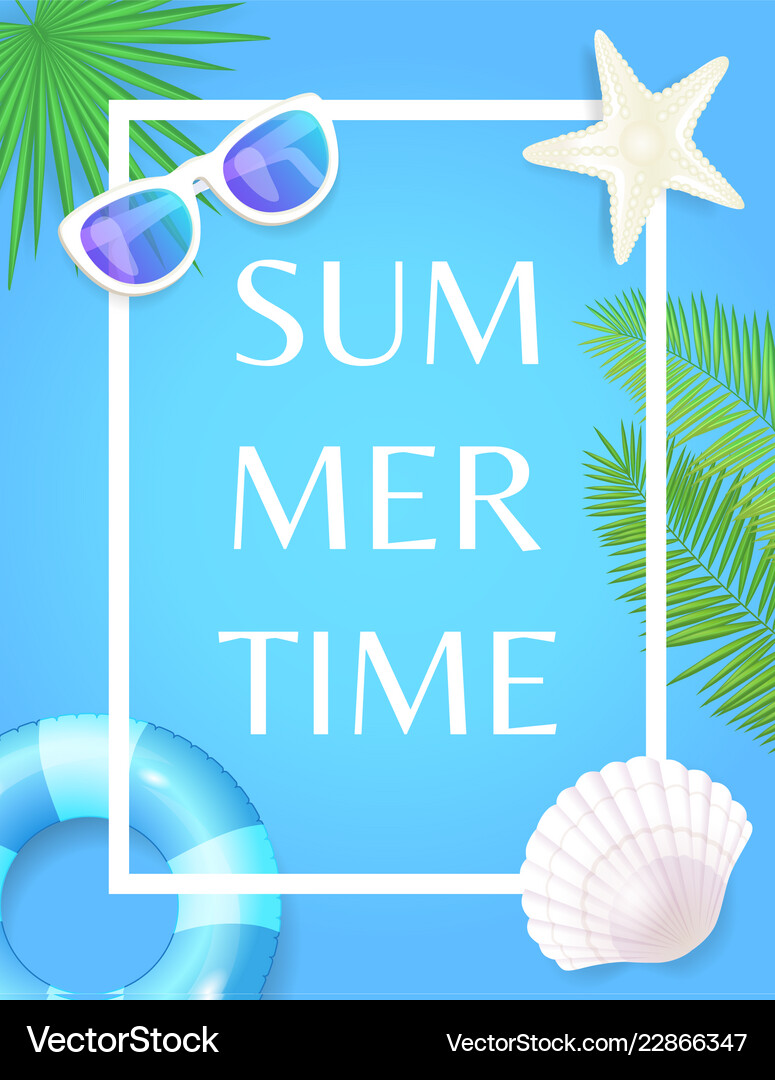 Summertime poster with frame lifebuoy and seashell