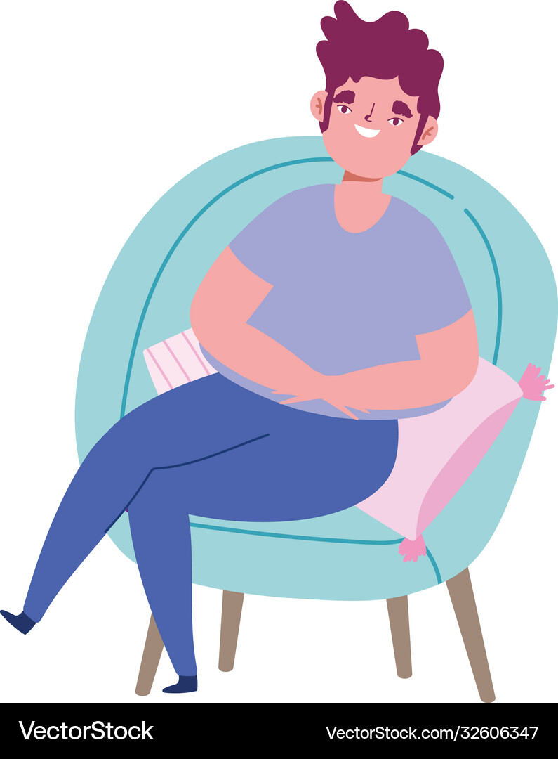 Young man character sitting on chair isolated icon