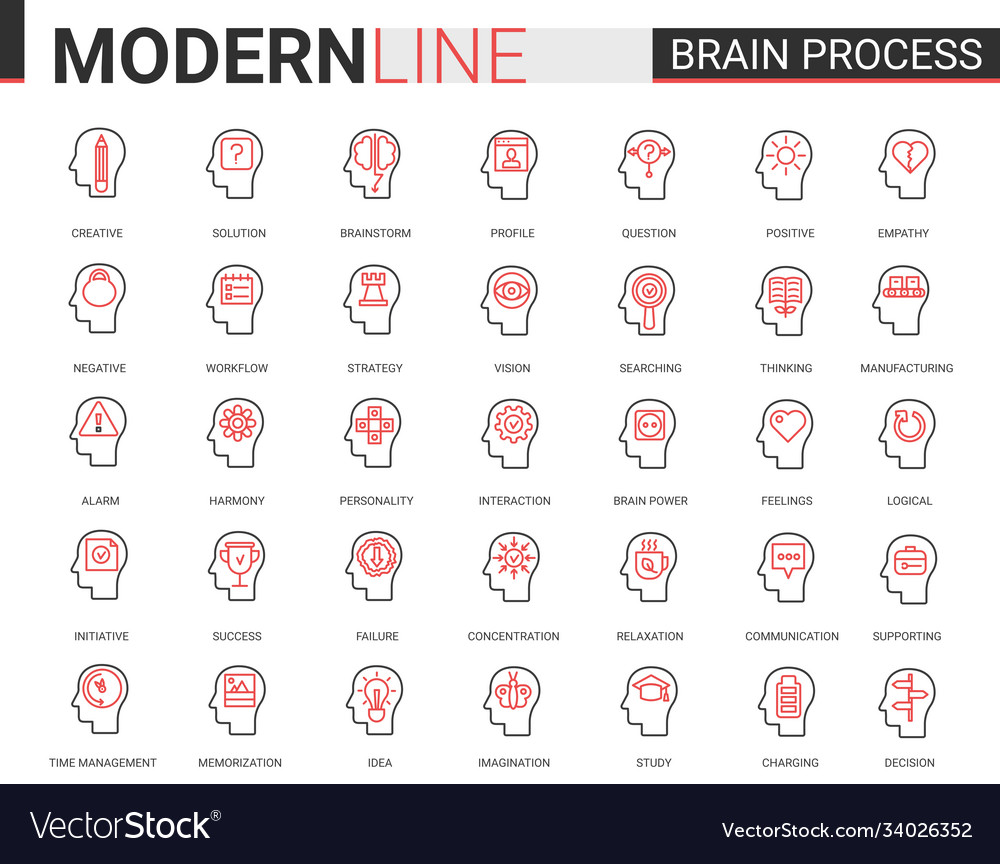 Brain process flat thin red black line icons Vector Image
