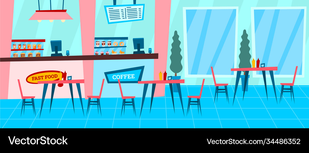 Cartoon color fast food cafe interior inside Vector Image