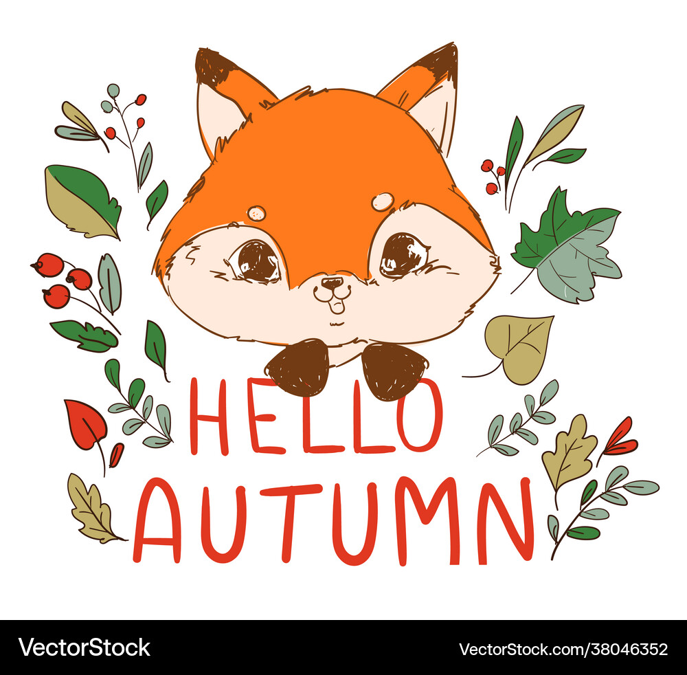 Hand drawn cute fox and autumn leaves Royalty Free Vector