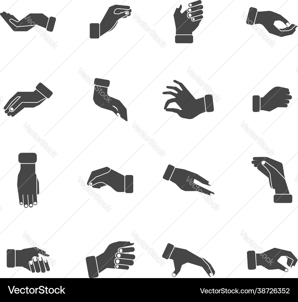 Hand palms grabbing black icons set Royalty Free Vector