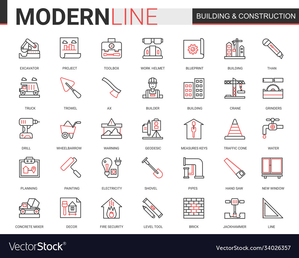 Building construction thin red black line icons Vector Image