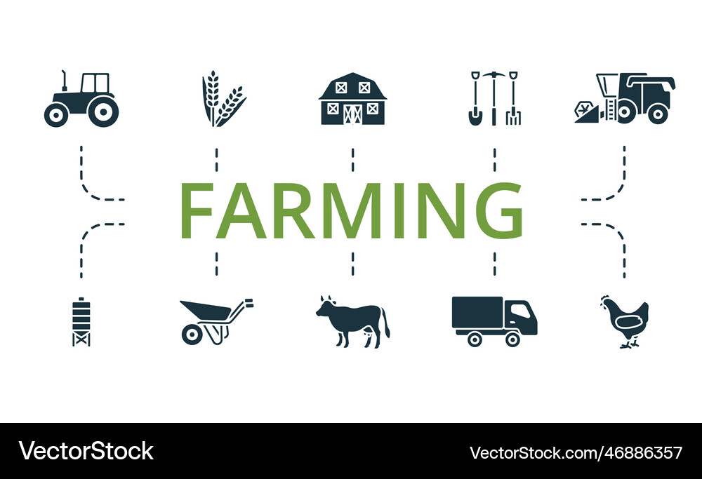 Farming outline set creative icons tractor wheat Vector Image