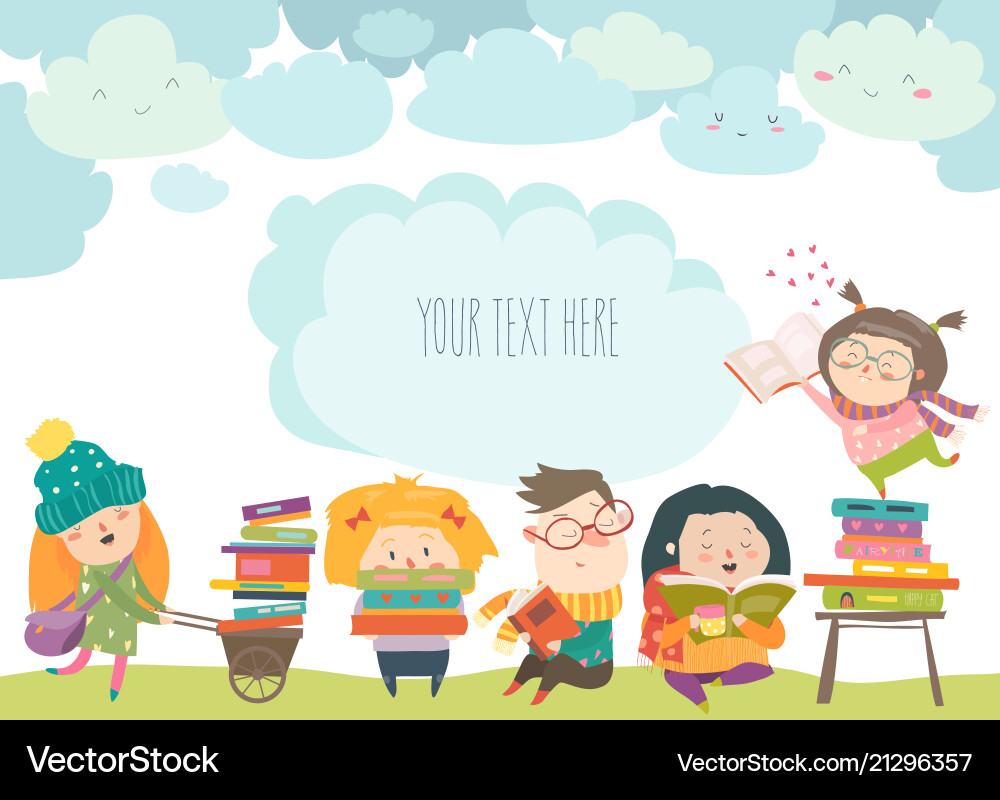 Group cartoon children reading books Royalty Free Vector
