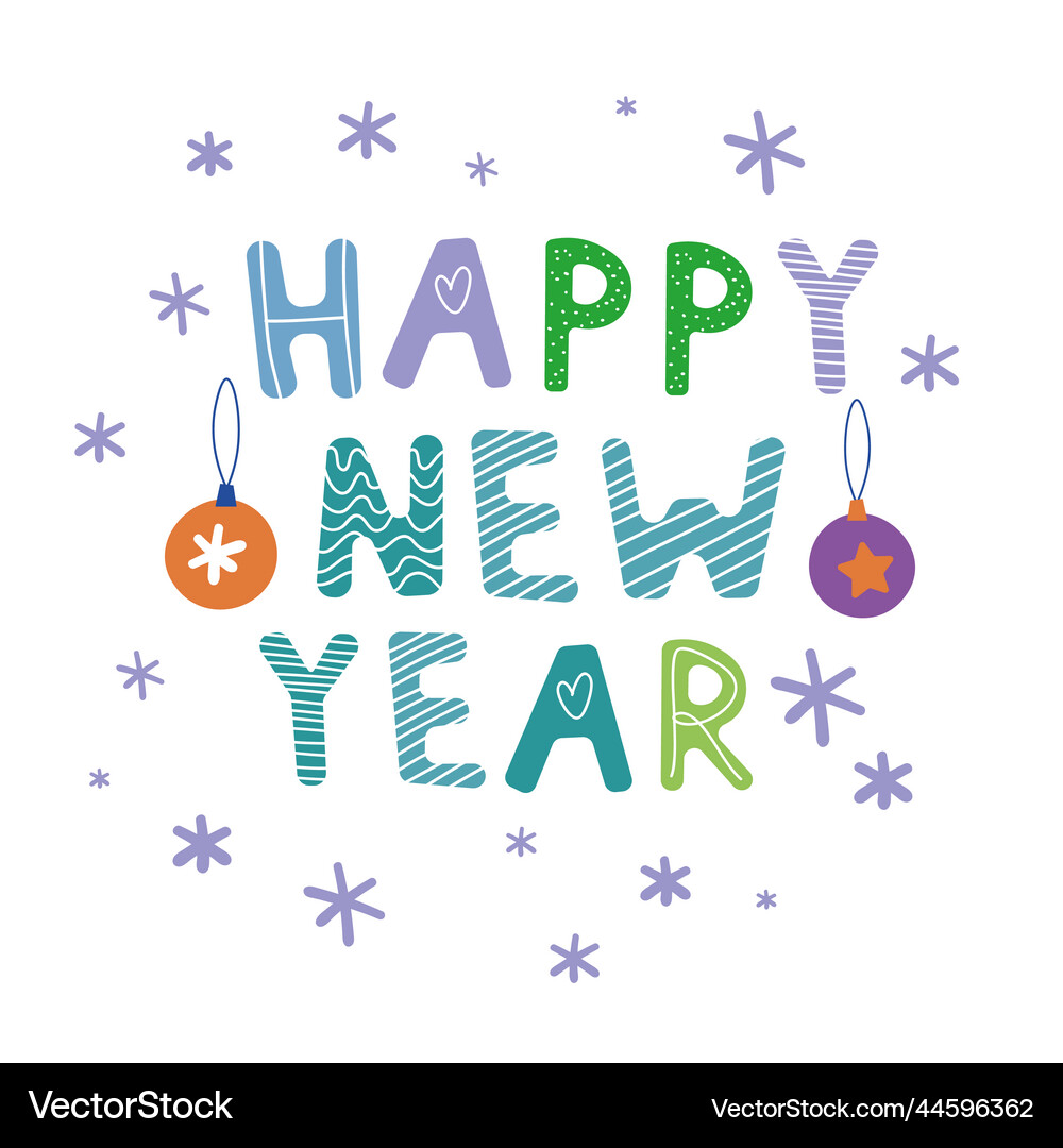Happy new year text with elements doodle Vector Image