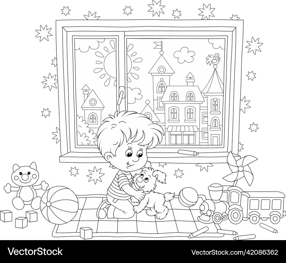 Little boy romping with a merry pup Royalty Free Vector