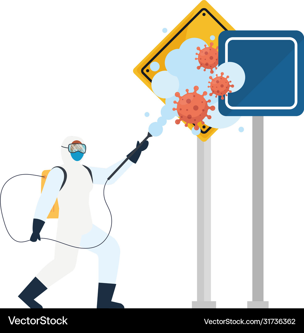 Man with protective suit spraying road signs Vector Image