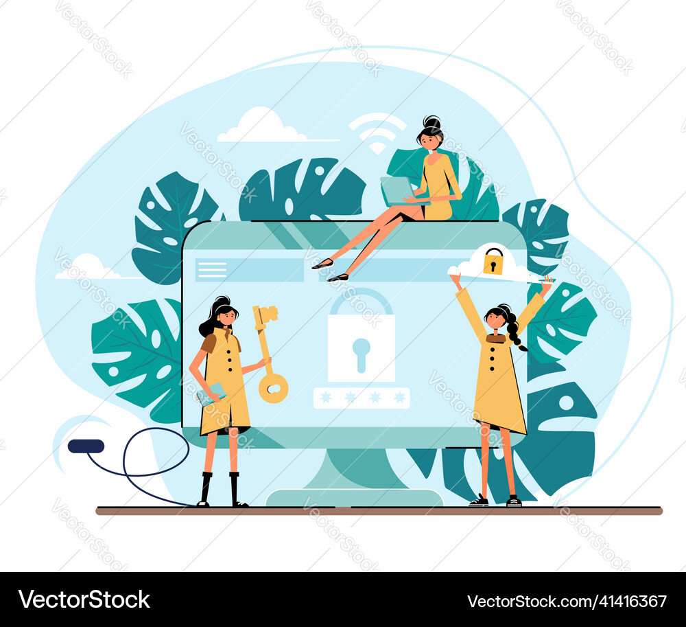 Big computer monitor with key and lock and tiny Vector Image