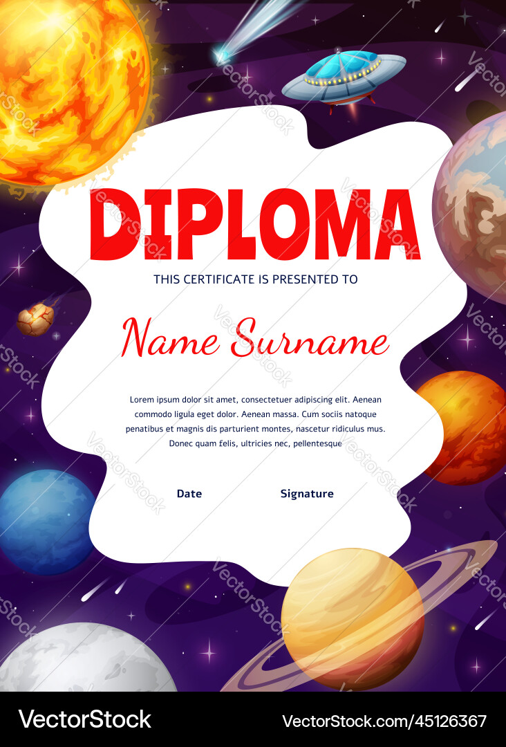 Kids astronaut diploma with galaxy space planets Vector Image