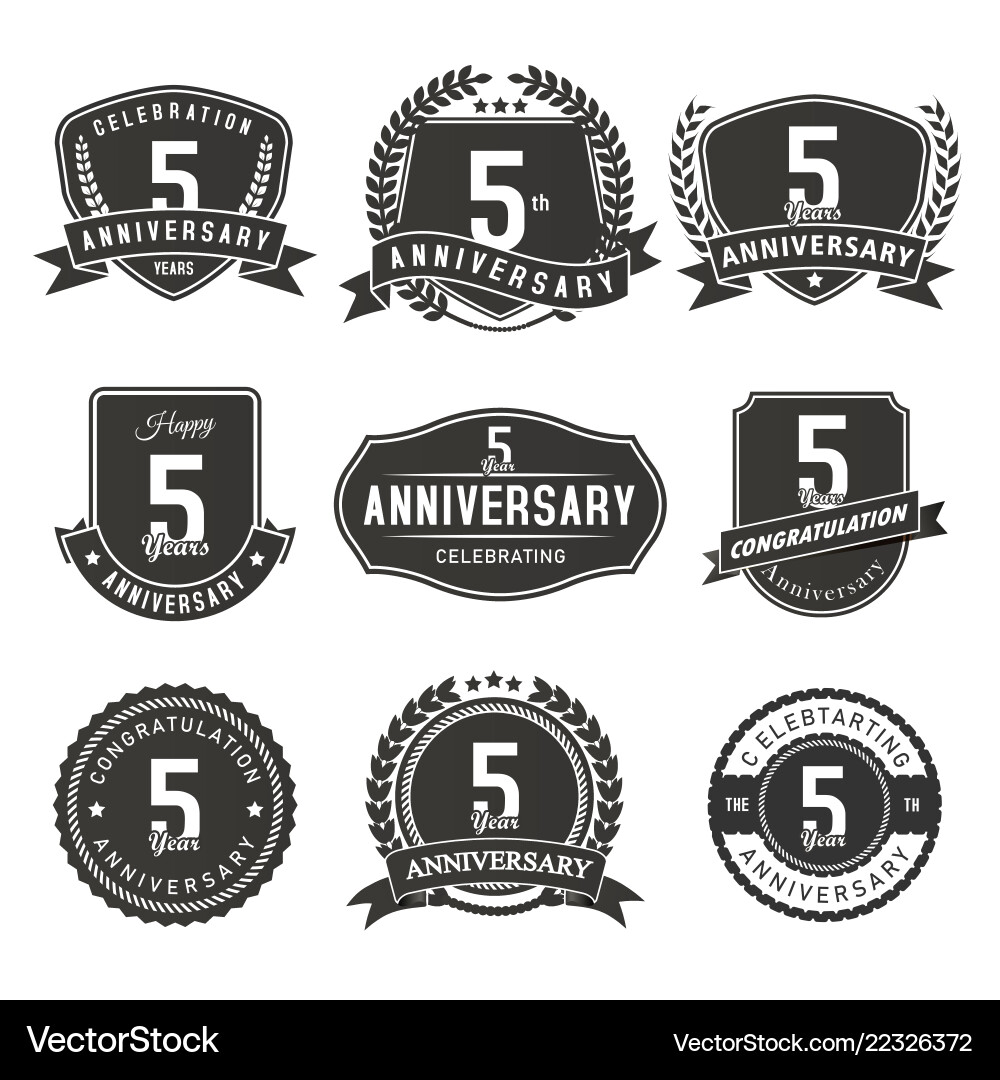 5 year anniversary badge and labels Royalty Free Vector
