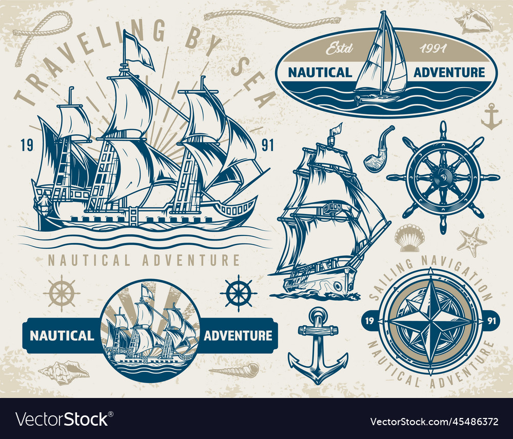 Sea adventure set labels colorful Royalty Free Vector Image