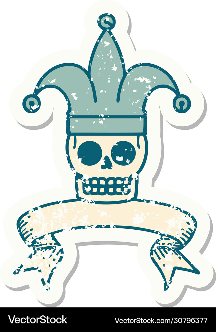 Grunge sticker with banner a skull jester Vector Image