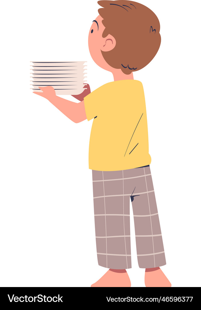 Little boy character holding stack of plates Vector Image