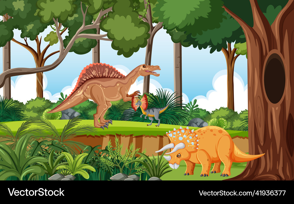Nature scene with trees on mountains dinosaur Vector Image