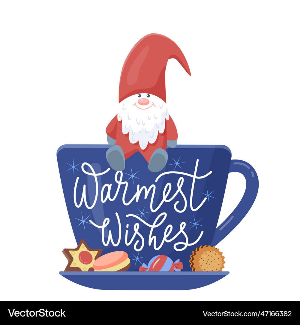 A funny gnome sits on cup with cookies Royalty Free Vector