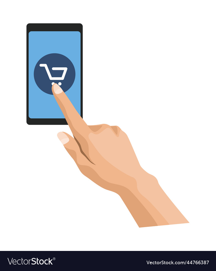 Hand touching smartphone with ecommerce Royalty Free Vector