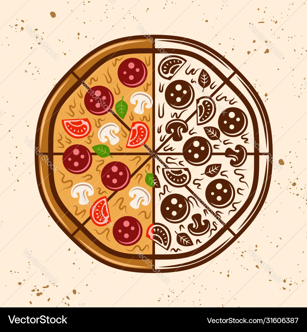 Pizza two halves in two styles colored and black Vector Image
