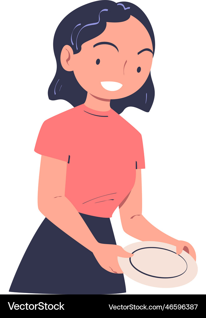 Woman character putting plate on table at kitchen Vector Image