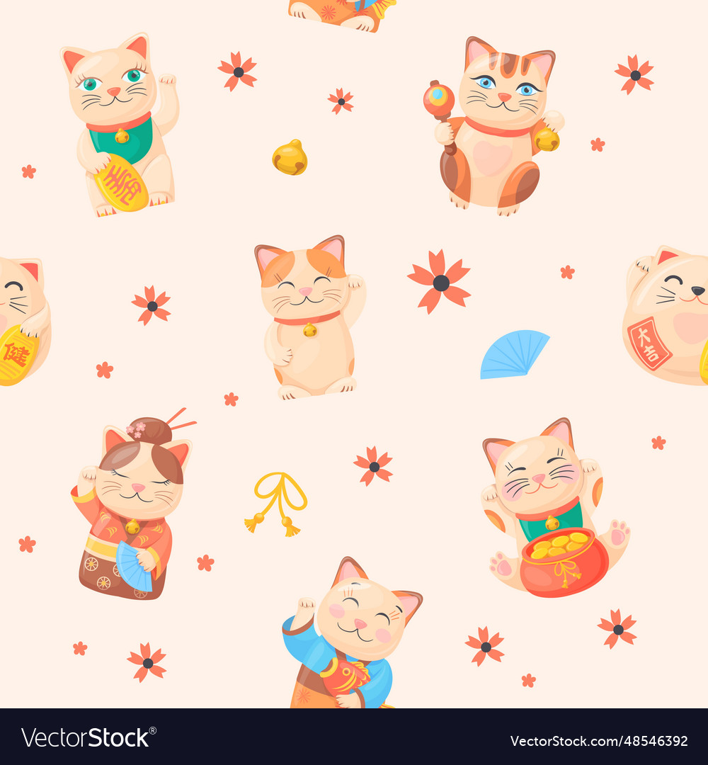 Lucky cats pattern japanese maneki neko kitten Vector Image