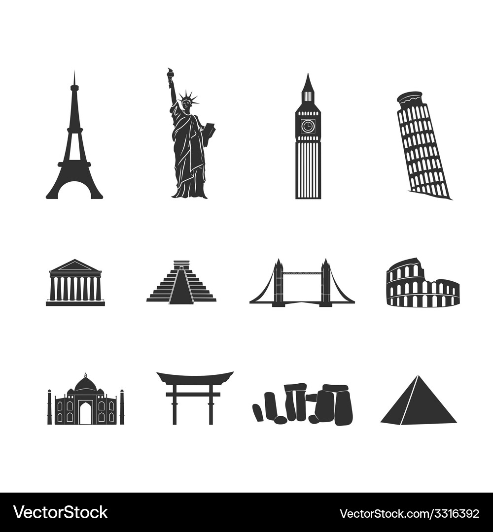 World landmarks black and white icons set Vector Image