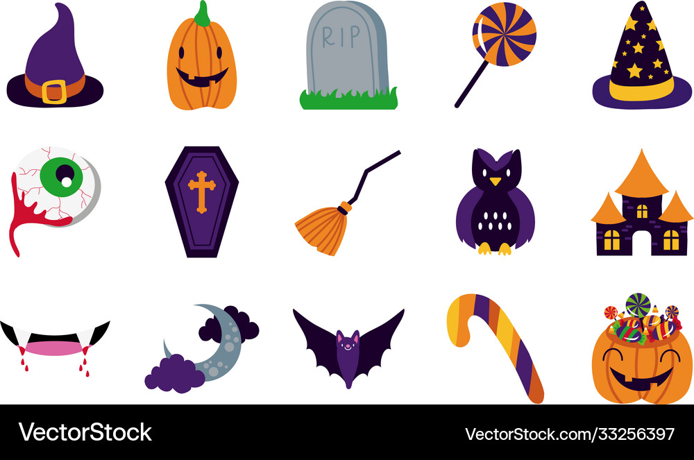 Bundle fifteen halloween icons Royalty Free Vector Image