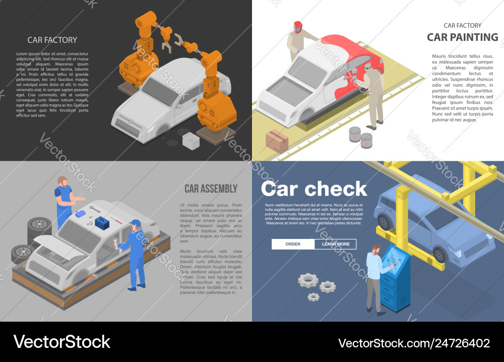 Car factory banner set isometric style Royalty Free Vector